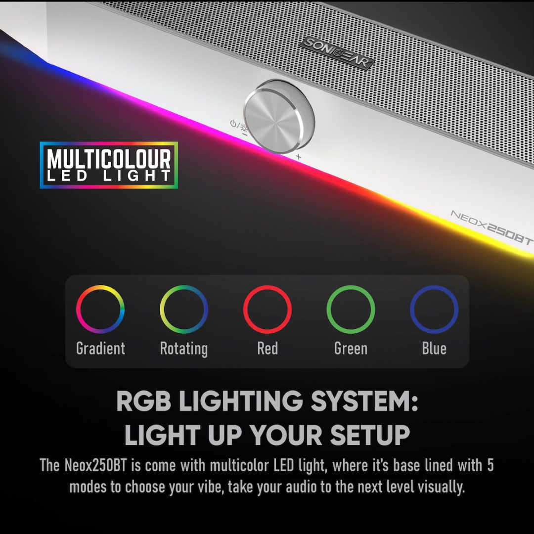 SONIC GEAR RGB BLUETOOTH SOUND BAR NEOX 250BT 20W WHITE - AstronGameClub